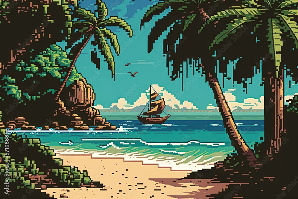 Pixel art of tropical beach abstract background. Summer vacation and ...