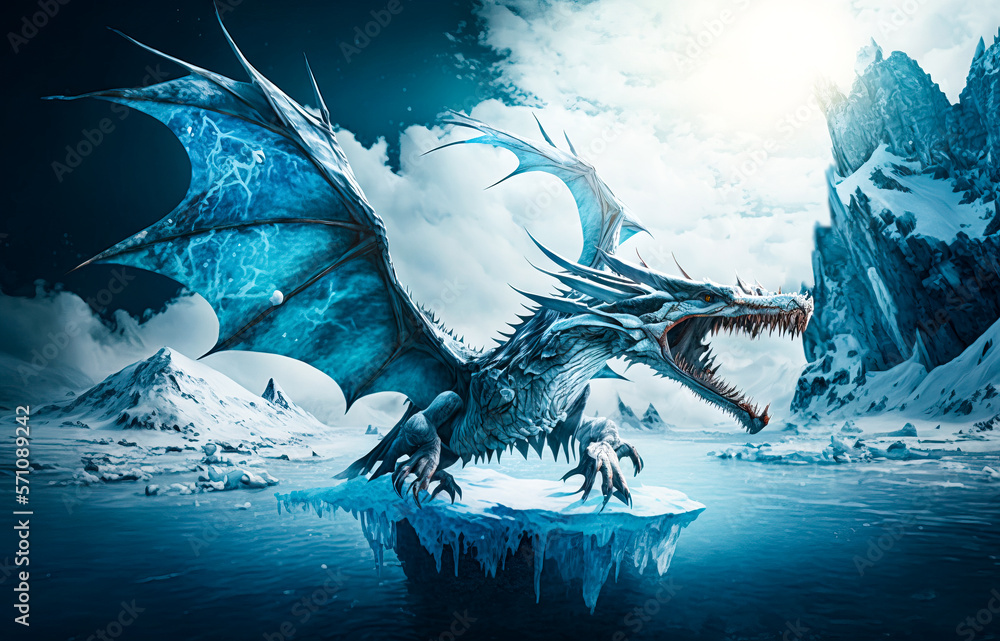 Beautiful blue Ice dragon, ice and fire full body shot of mythical fantasy creature with ...