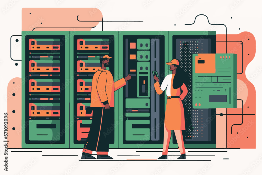 2d flat illustration, Male IT Specialist holds laptop and talks with ...