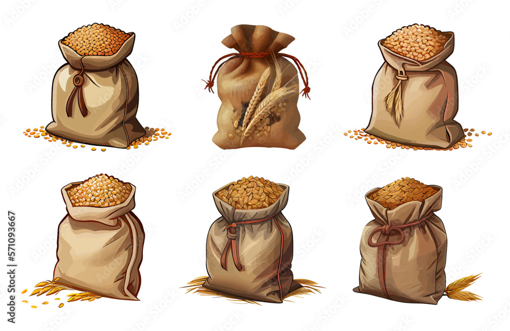 Cartoon vector set of bagging bags with grain. Ears of wheat and grains ...