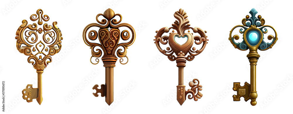 Golden fairy cartoon key set. Illustration of cartoon golden skeleton ...