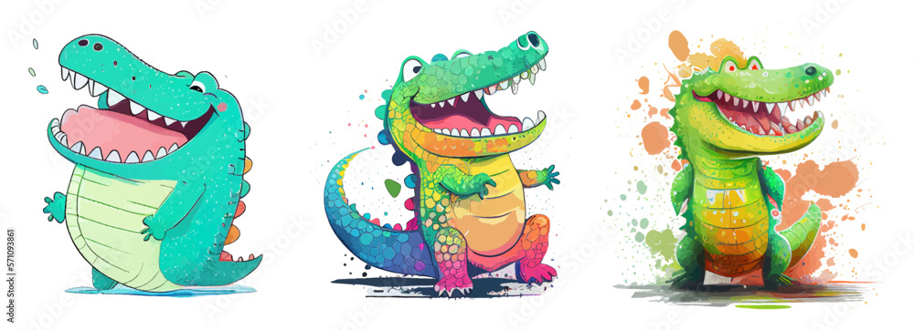 Watercolor colorful cartoon set of cute green crocodiles isolated on ...