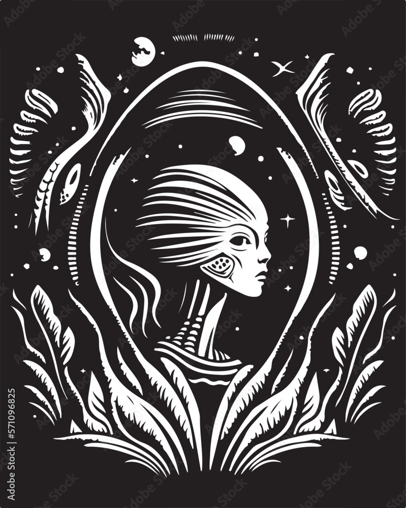 Beautiful and mysterious linocut art or colouring page of an alien made ...