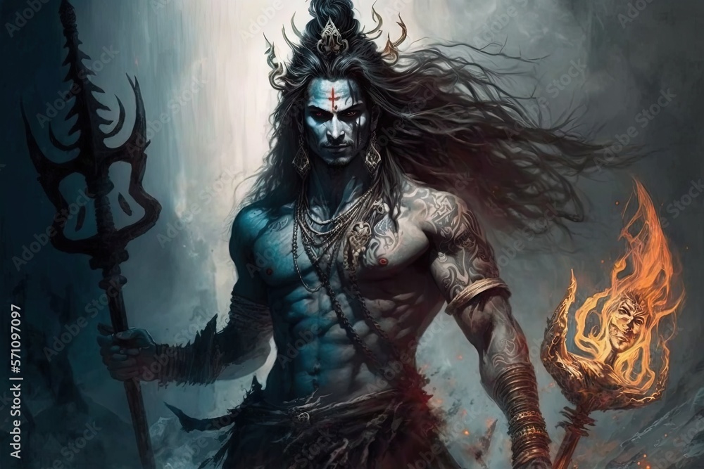 Generative AI Hindu god Shiva, Colorful indian hindu God Shiva hand ...