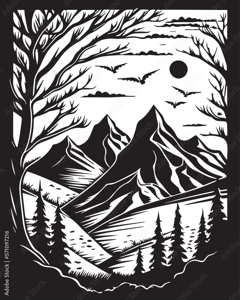 Beautiful linocut art or colouring page of a mountain pass made for ...