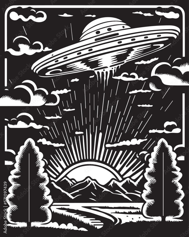 UFO flying above the mountains colouring page or print art frame vector ...