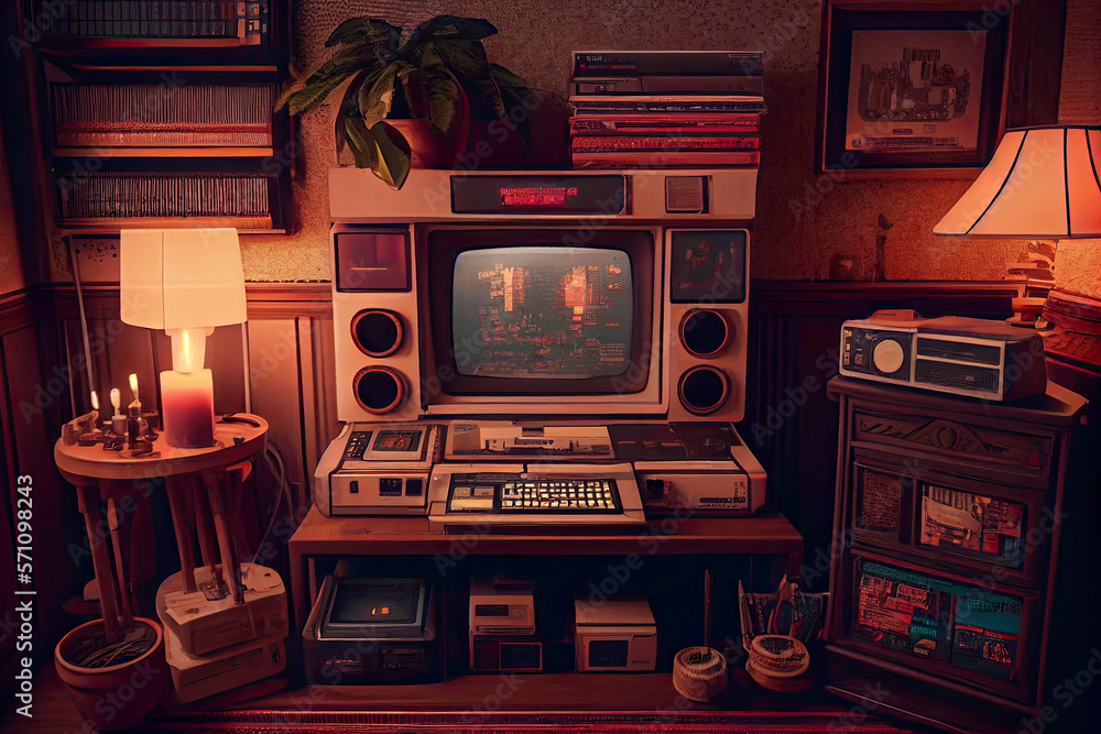 Awesome gaming setup from the 80-s. Retro gaming concept. Vintage retro ...