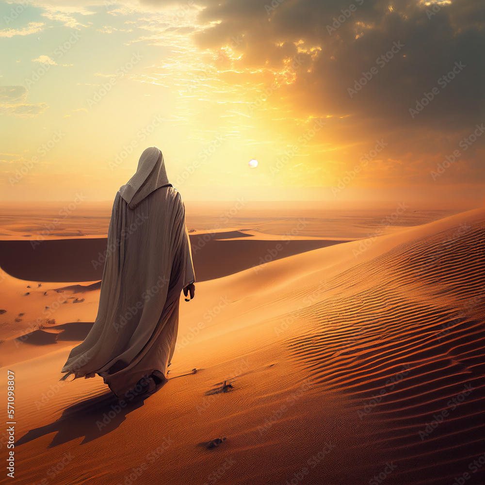 silhouette of Jesus in a bath of ray light walking in the desert at ...