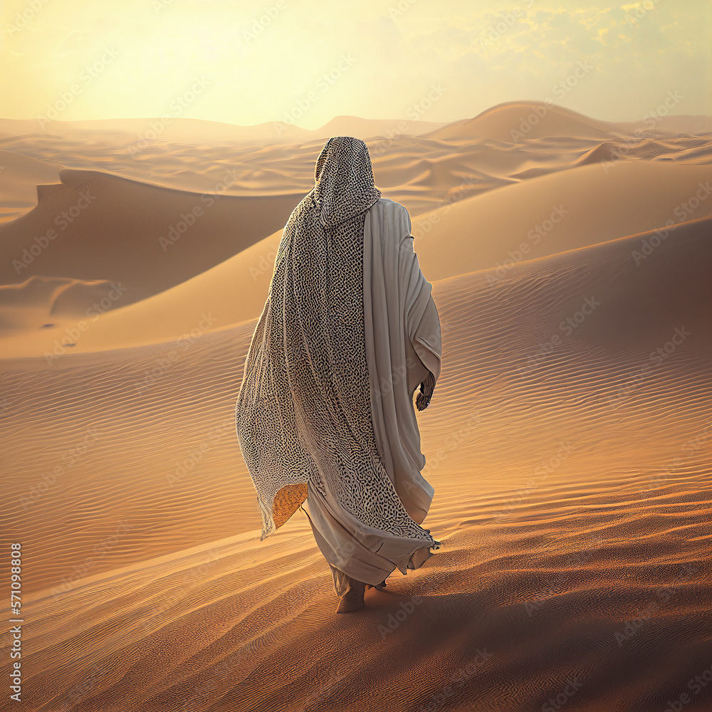 silhouette of Jesus in a bath of ray light walking in the desert at ...