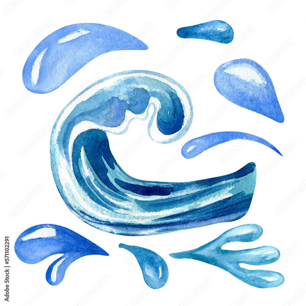 Set of sea wave, water splash watercolor illustration isolated on white ...