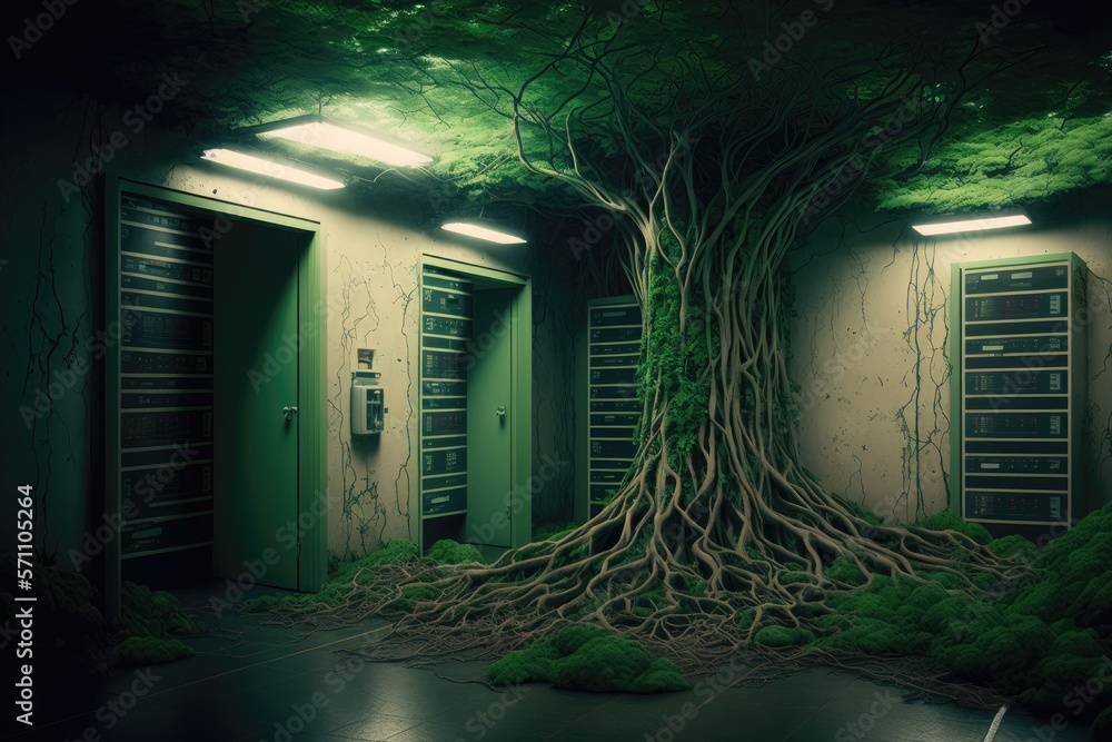 surreal scene of a server room filled with lush green trees. The rows ...
