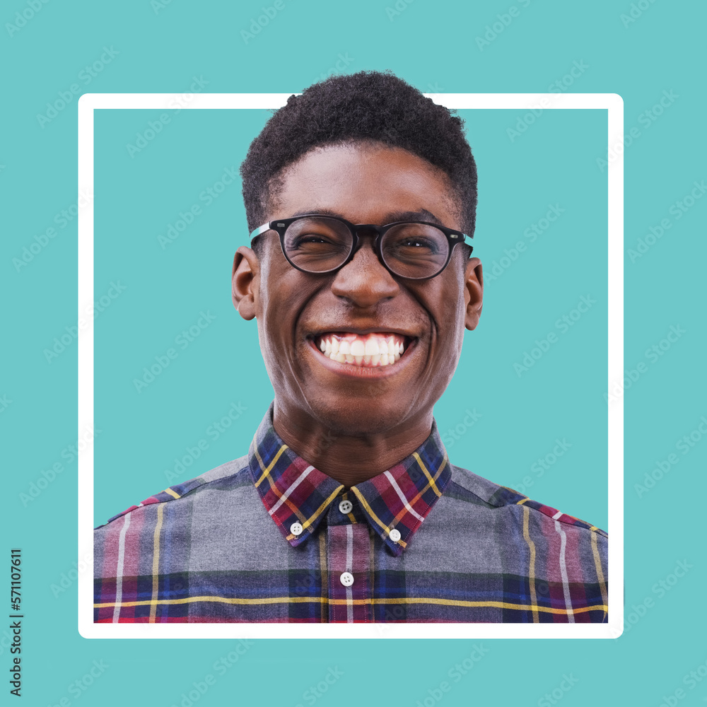 Portrait, black man and excited smile in studio with glasses on color ...