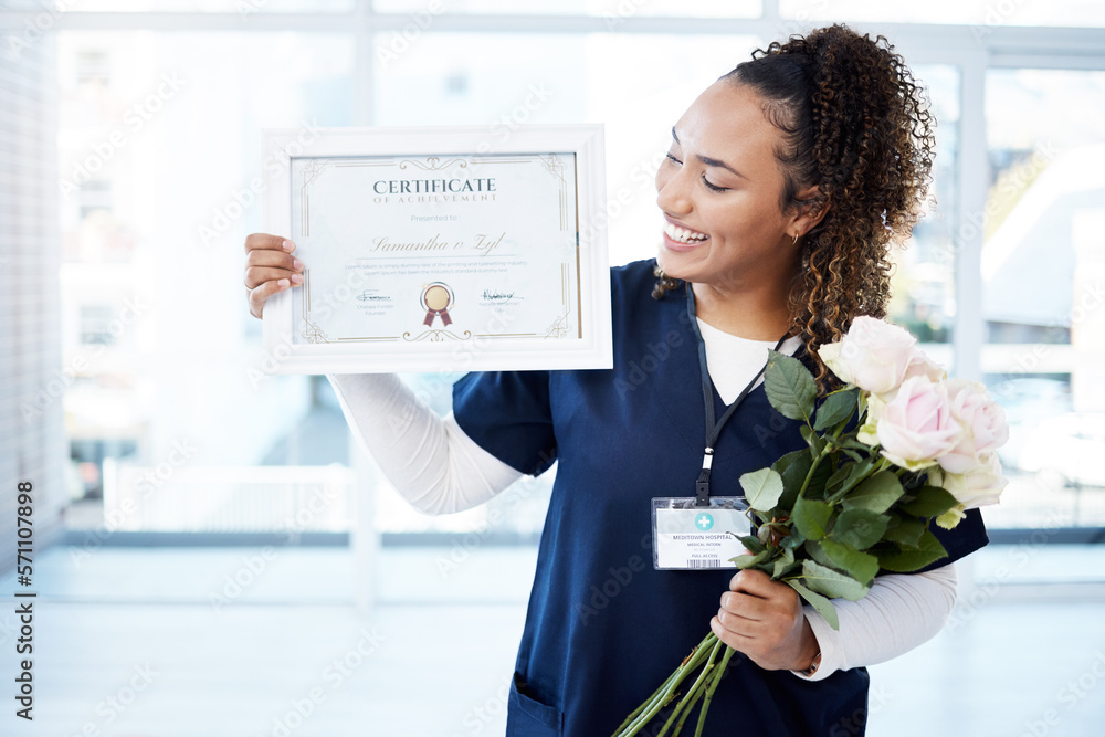 Certificate, flowers and a black woman graduate in the hospital feeling ...