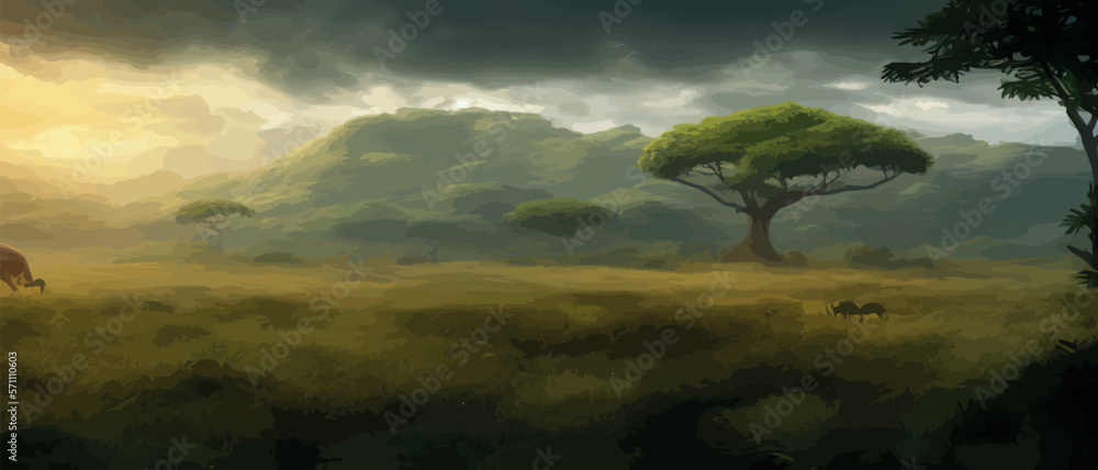 African savanna. Grass, acacia trees and river. Realistic vector ...