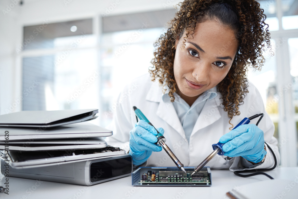 Computer hardware, soldering and portrait of black woman working on cpu ...