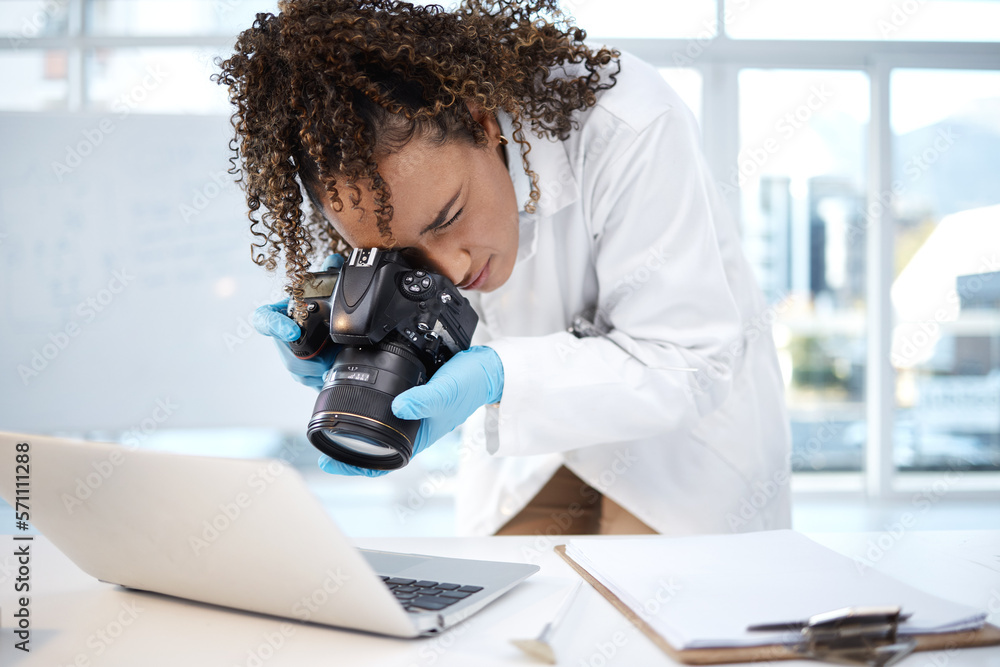 Medical investigation, camera and black woman with laptop in laboratory ...