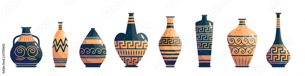Greek vase ancient jar set isolated. Ceramic vase with greek symbol ...