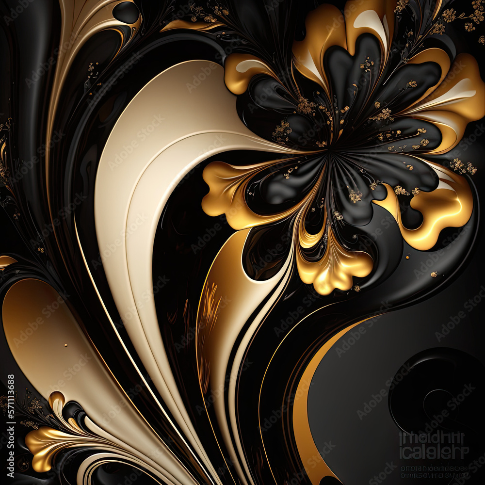 fractal flowers golden and black liquid marble background. Resin geode ...
