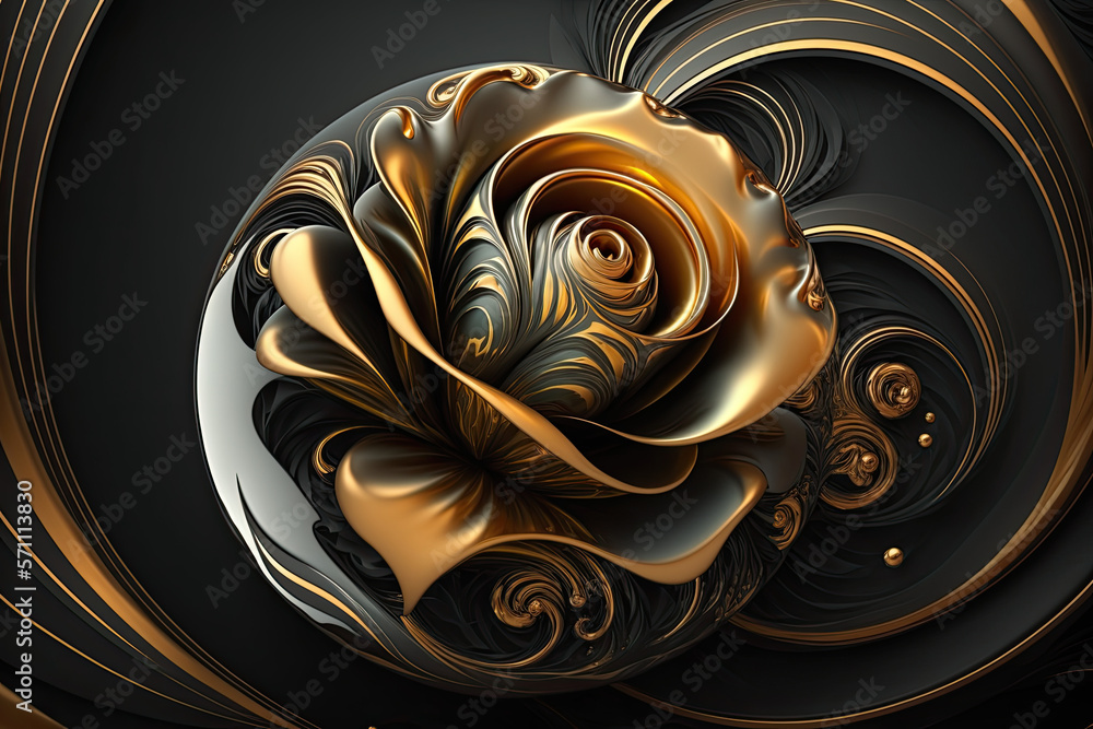 fractal flowers golden and black liquid marble background. Resin geode ...