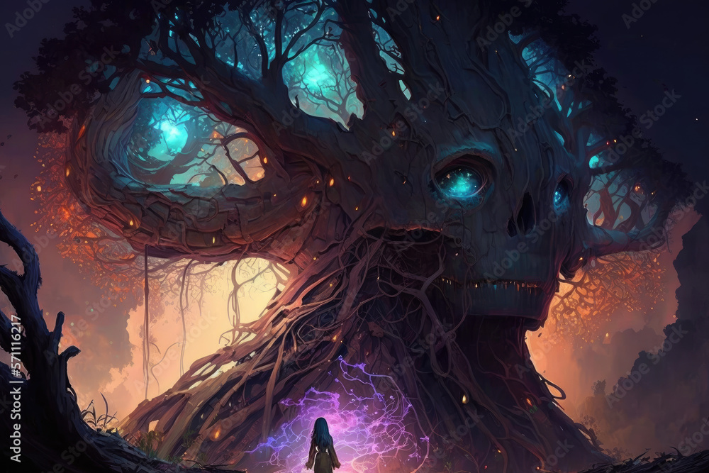 The Giant Tree Spirit Awaits the Heroine, digital art style Stock ...