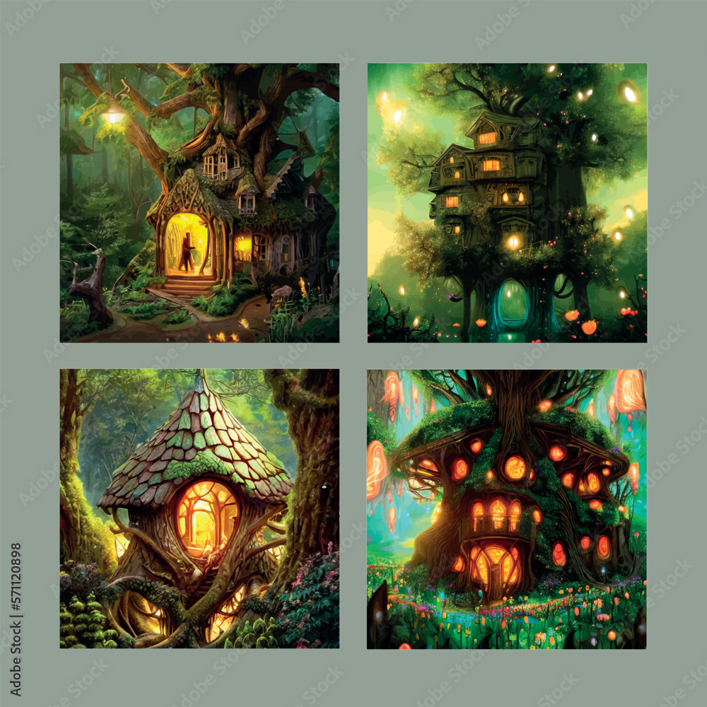 Vetor de Fairy-tale house in a tree with a roof intertwined. Square ...