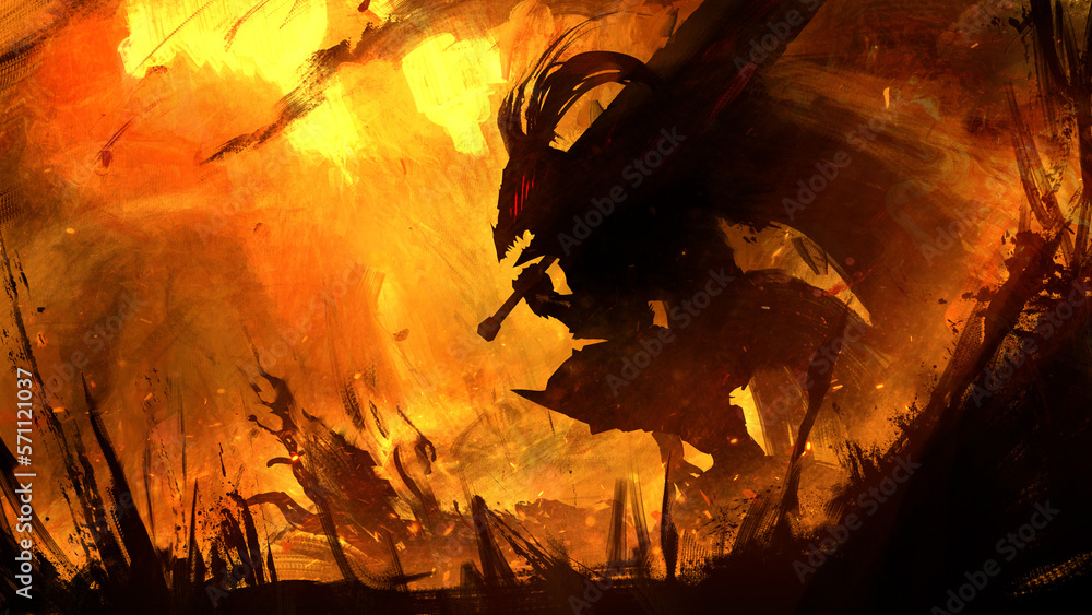 A sinister black silhouette of a creepy knight in black armor with a ...