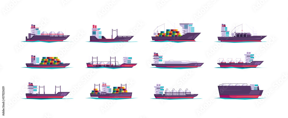 Freight ships collection. Cartoon cargo vessels, flat nautical shipping ...