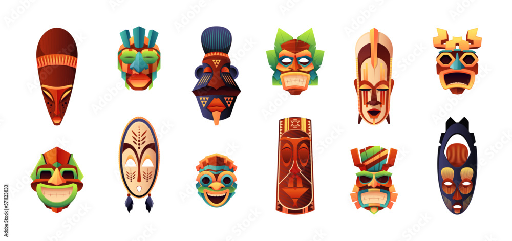 African ritual masks. Traditional ceremonial tribal human face shaped ...