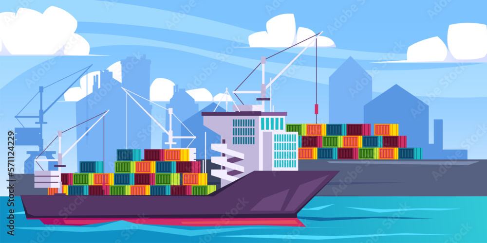 Freight ship in port. Cartoon marine dock with barge loading containers ...