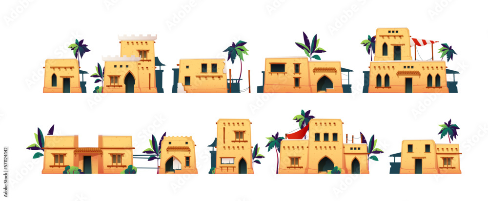 Arabic houses. Old arabian residential buildings cartoon style, desert ...