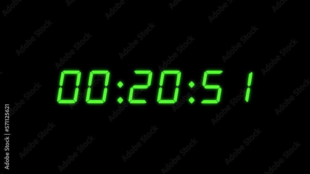 6-digits 25 seconds digital clock countdown timer. Green digits on ...