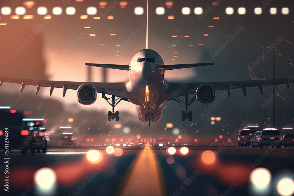 3d realistic of an airplane landing on an airport, generative AI. Stock ...