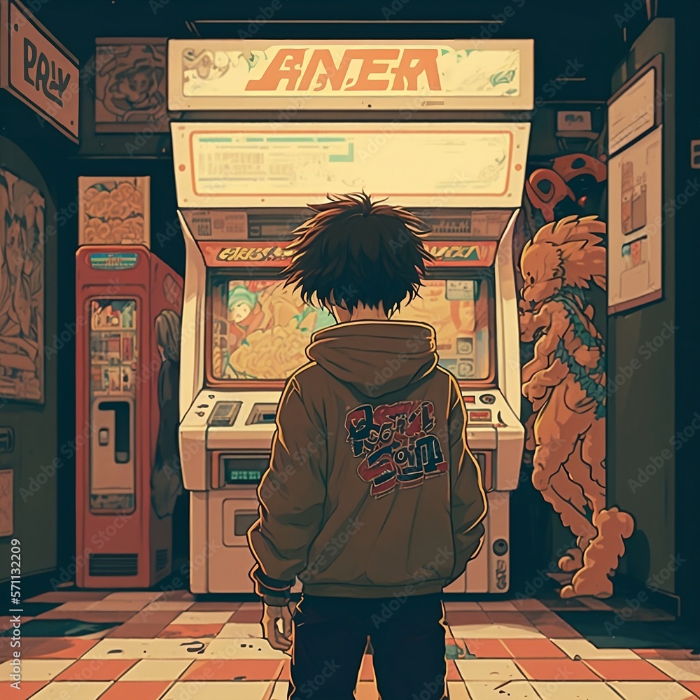 Kid infront of a Japanese arcade machine . Illustration of a child in ...