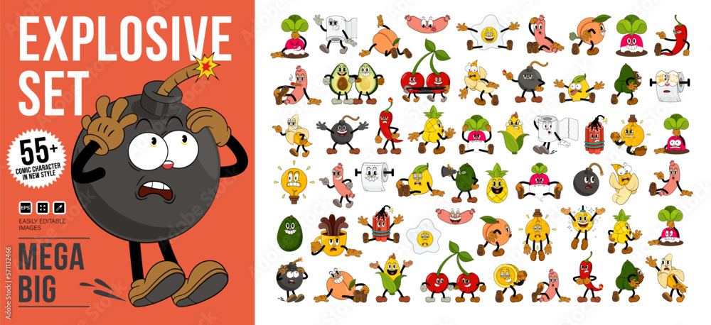 Explosive mega set of comic characters in retro cartoon style. Cute ...