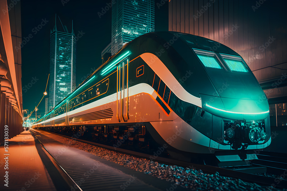 High-speed train rushing at night through a modern city in a business ...