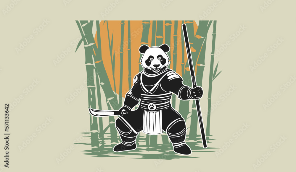 Vector black and white cute smiling panda ancient asian warrior with ...