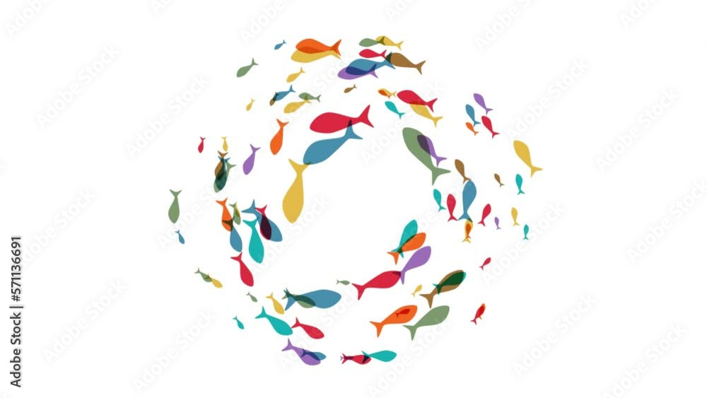 Animated illustration of swirl of colorful fishes underwater Stock ...