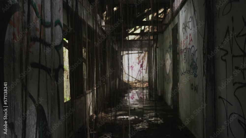 Horror concept, building interior motion. long scary abandoned corridor ...