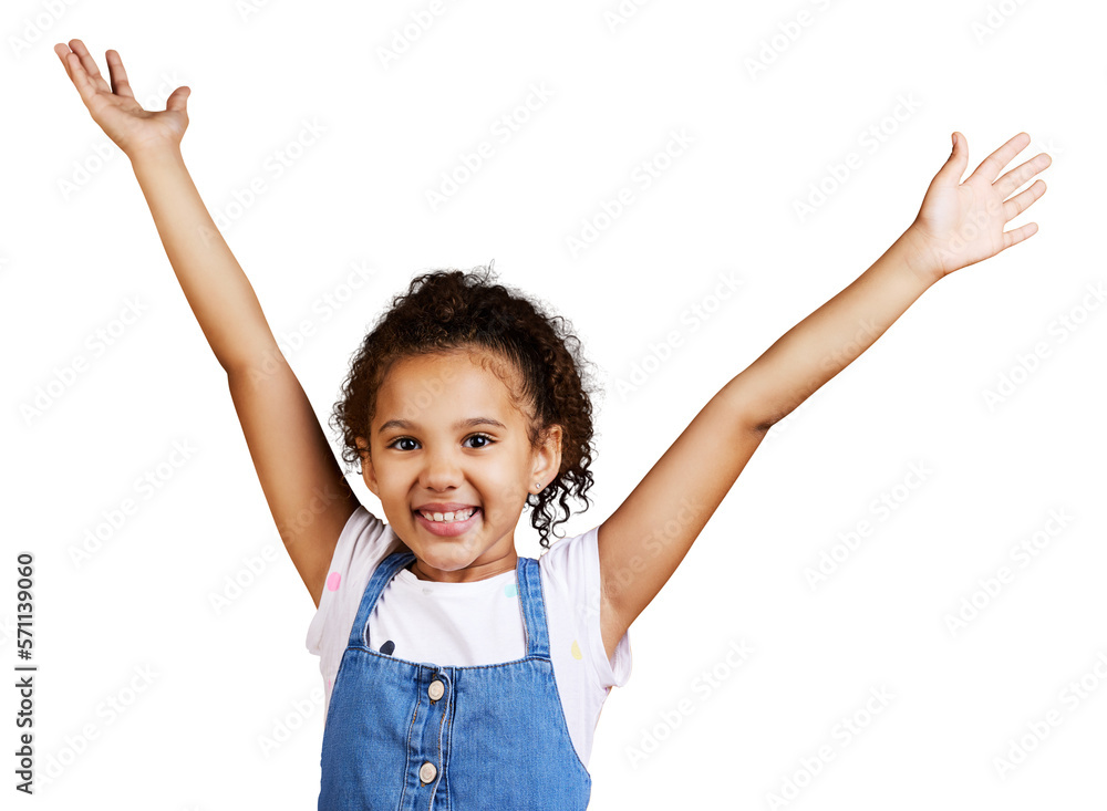 A mixed race kid girl showing surprise with her hands raised. Happy and ...