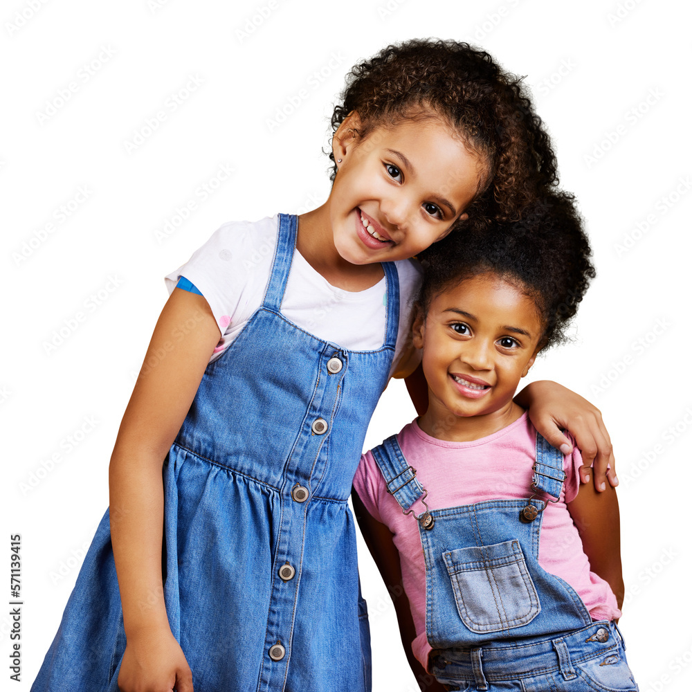 A happy mixed race girl sisters or a carefree kids standing together ...