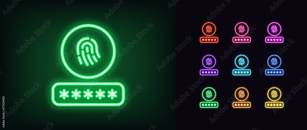 Outline neon ID password icon set. Glowing neon input password with ...