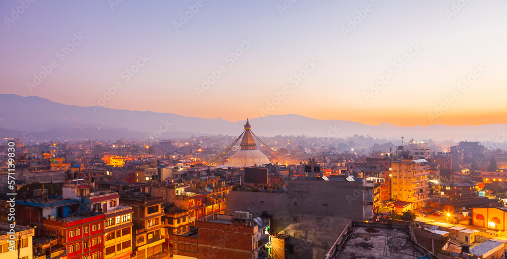 Sunset at the Boudhanath stupa Kathmandu Nepal.Colorful panorama ...