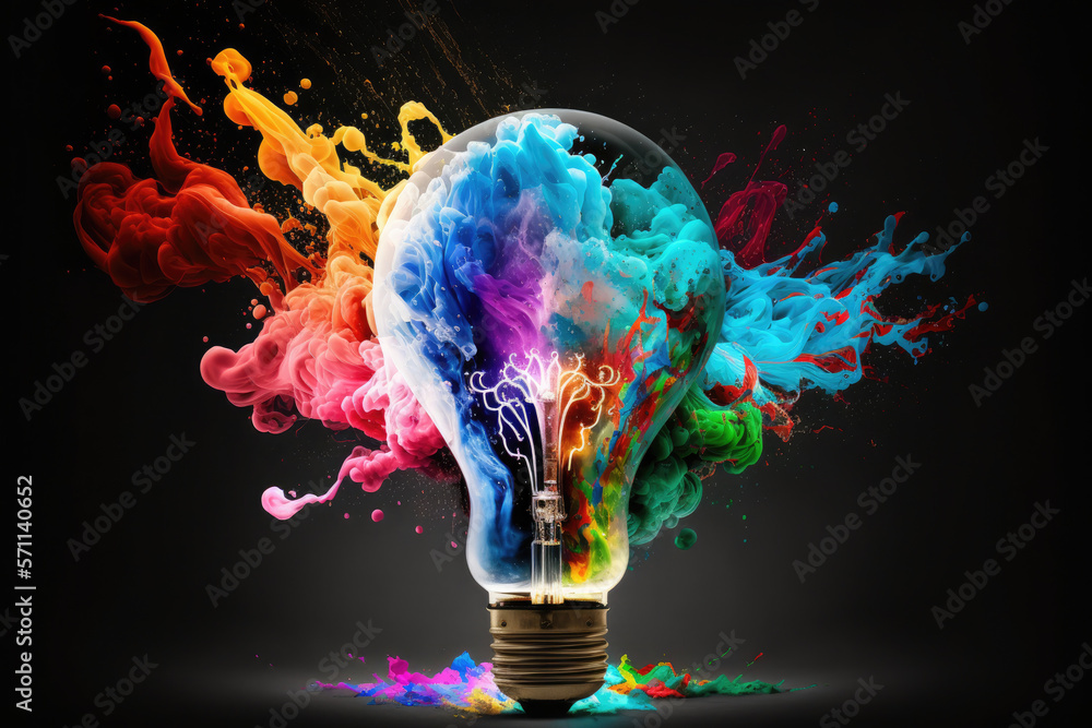 Lightbulb eureka moment with Impactful and inspiring artistic colourful ...