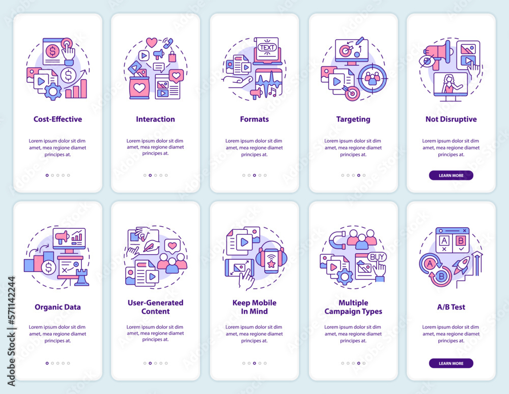 SMM benefits and tips onboarding mobile app screens set. Walkthrough 5 ...