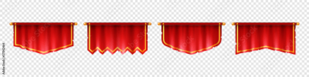 Medieval red flags, hanging royal banners with gold border. Blank cloth ...