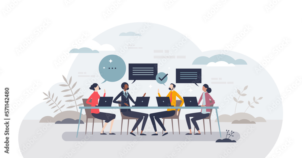 Project strategy team meeting or business future planning analysis tiny ...