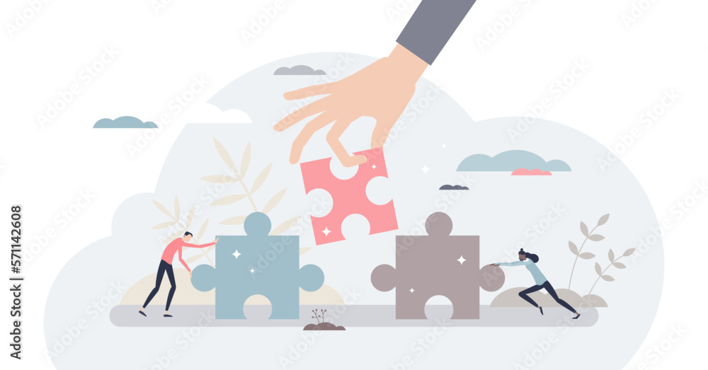 Find solution as fitting together jigsaw puzzle pieces tiny person concept, transparent ...