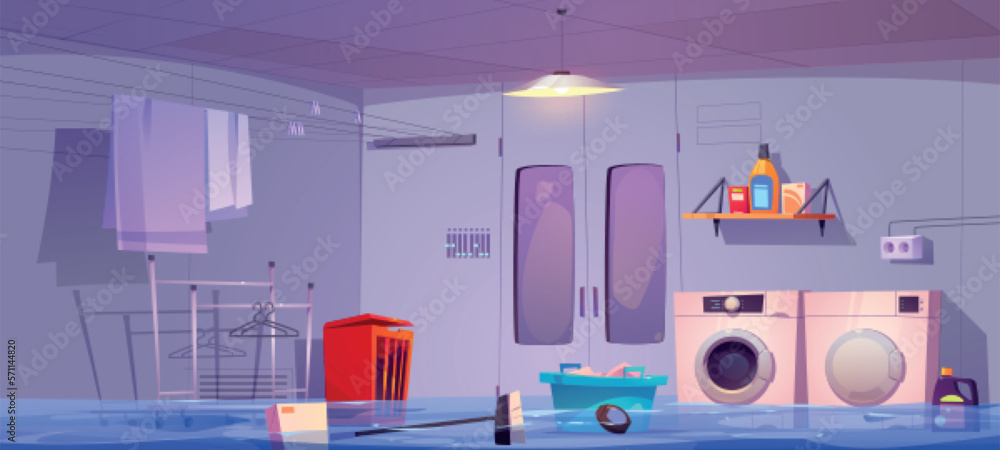 Flooded laundry room. Basement floor of house wet by accident. Cartoon ...