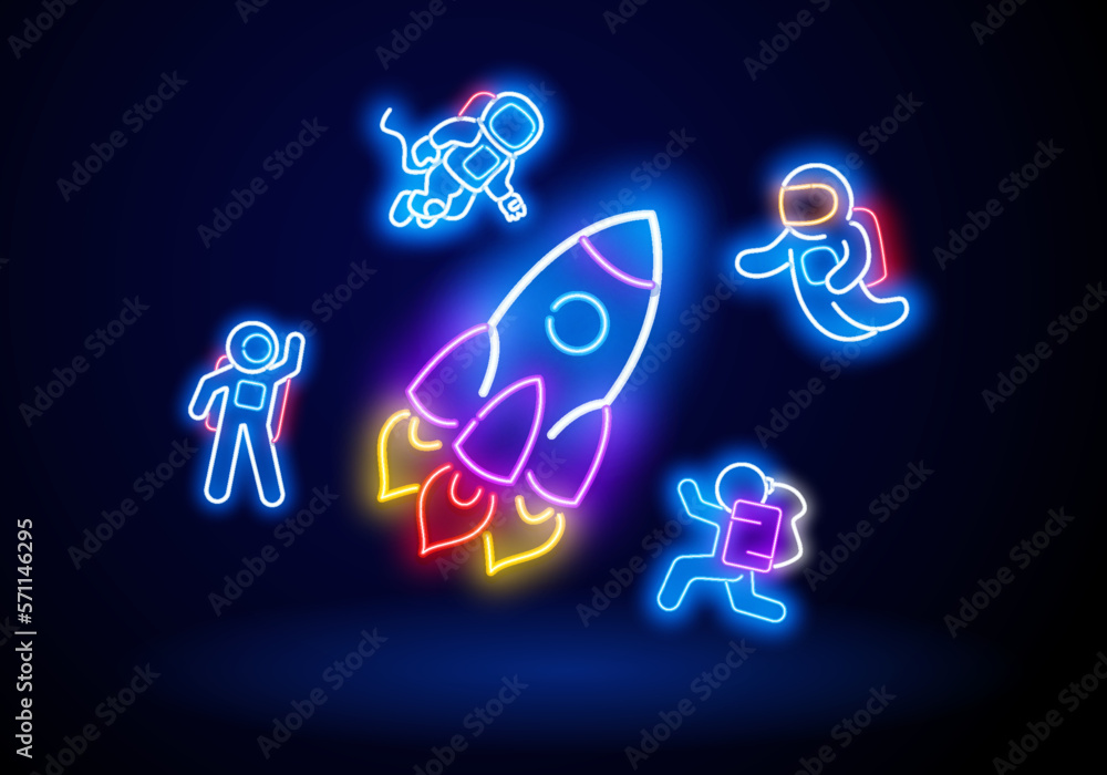 Glowing neon spaceman sign with neon spaceship, rocket, cosmonaut ...