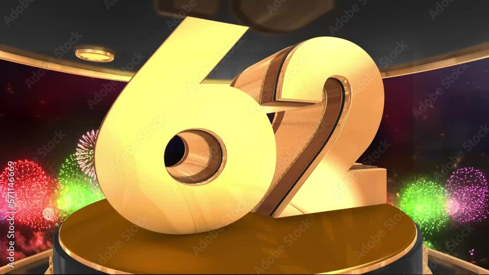 62nd birthday animation in gold with fireworks background, Animated 62 ...